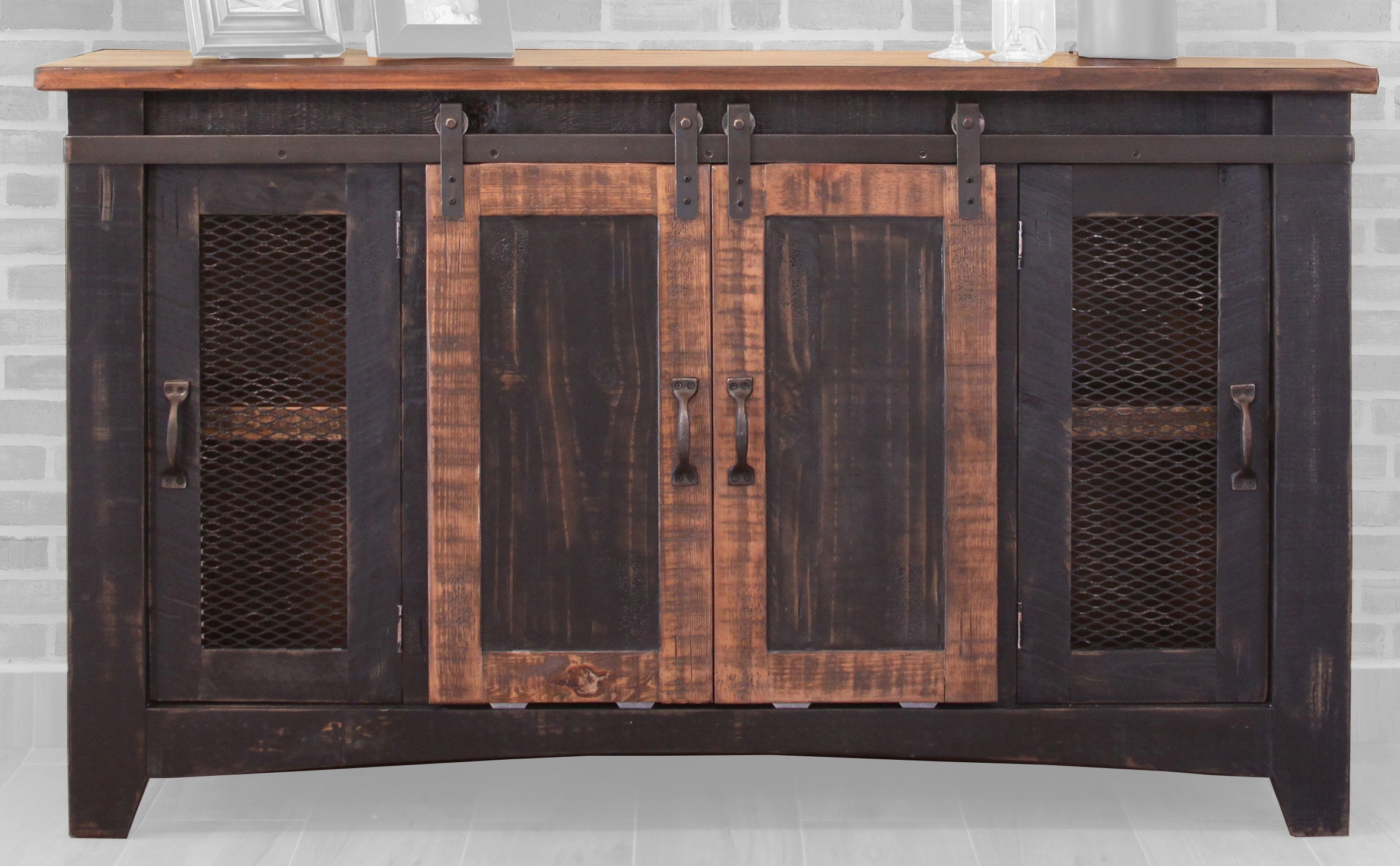 International Furniture Direct Home Entertainment 2 Sliding Doors, 2 Mesh Doors 60" TV Stand