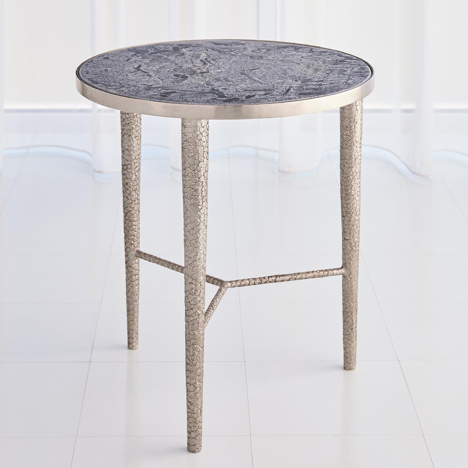 Global Views Living Room Hammered End Table Antique Nickel With Grey Marble 7.91139 Silk Greenery