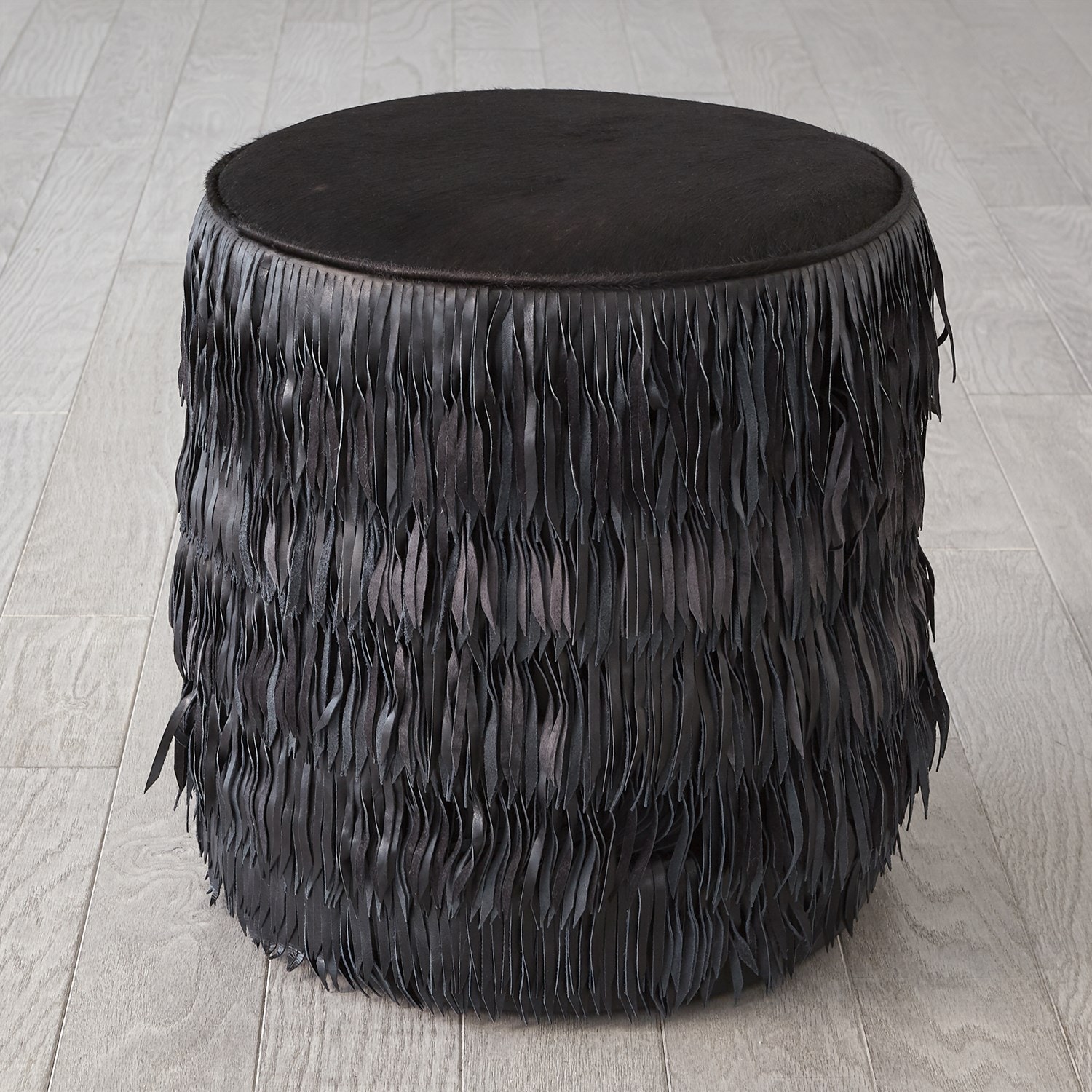 Global Views Living Room Fringe Ottoman Light Grey Marble Leather WDSEH9080 GV Forsey s Furniture