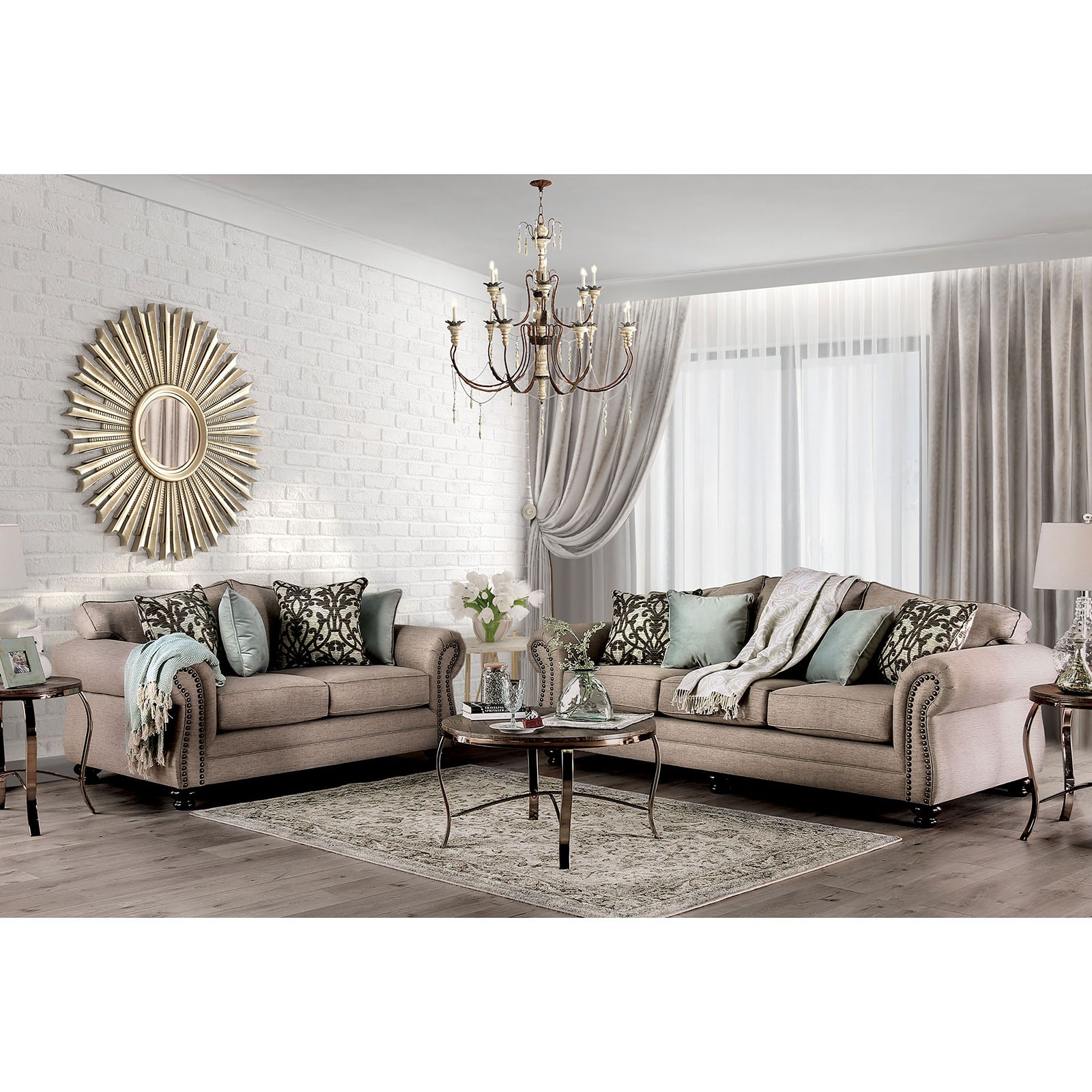 Jarauld Dark Taupe Stationary Sofa Loveseat 2pc Furniture of America Sofa Loveseat