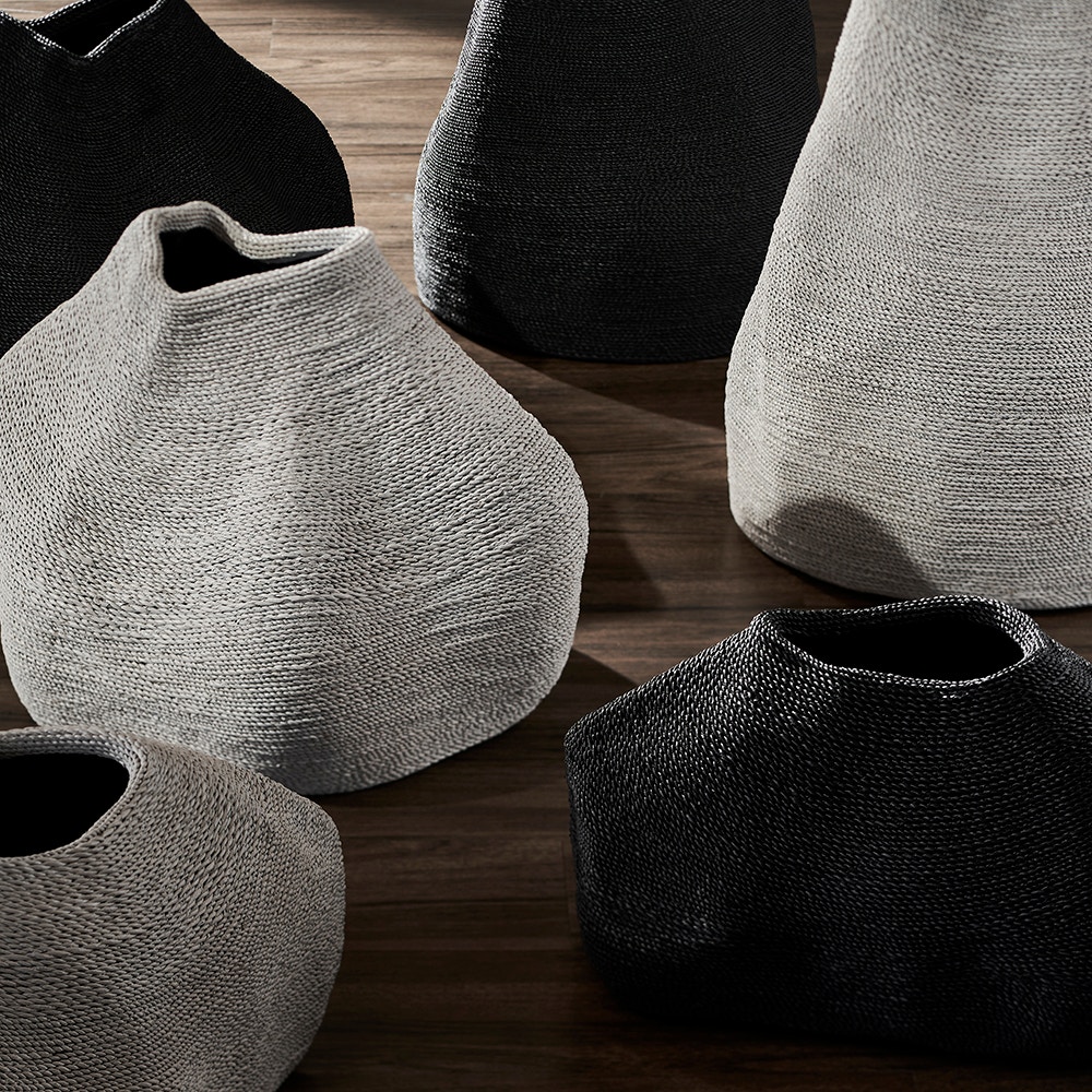 Hand-woven lampakanay rope wrapped over a metal frame in a matte black ...