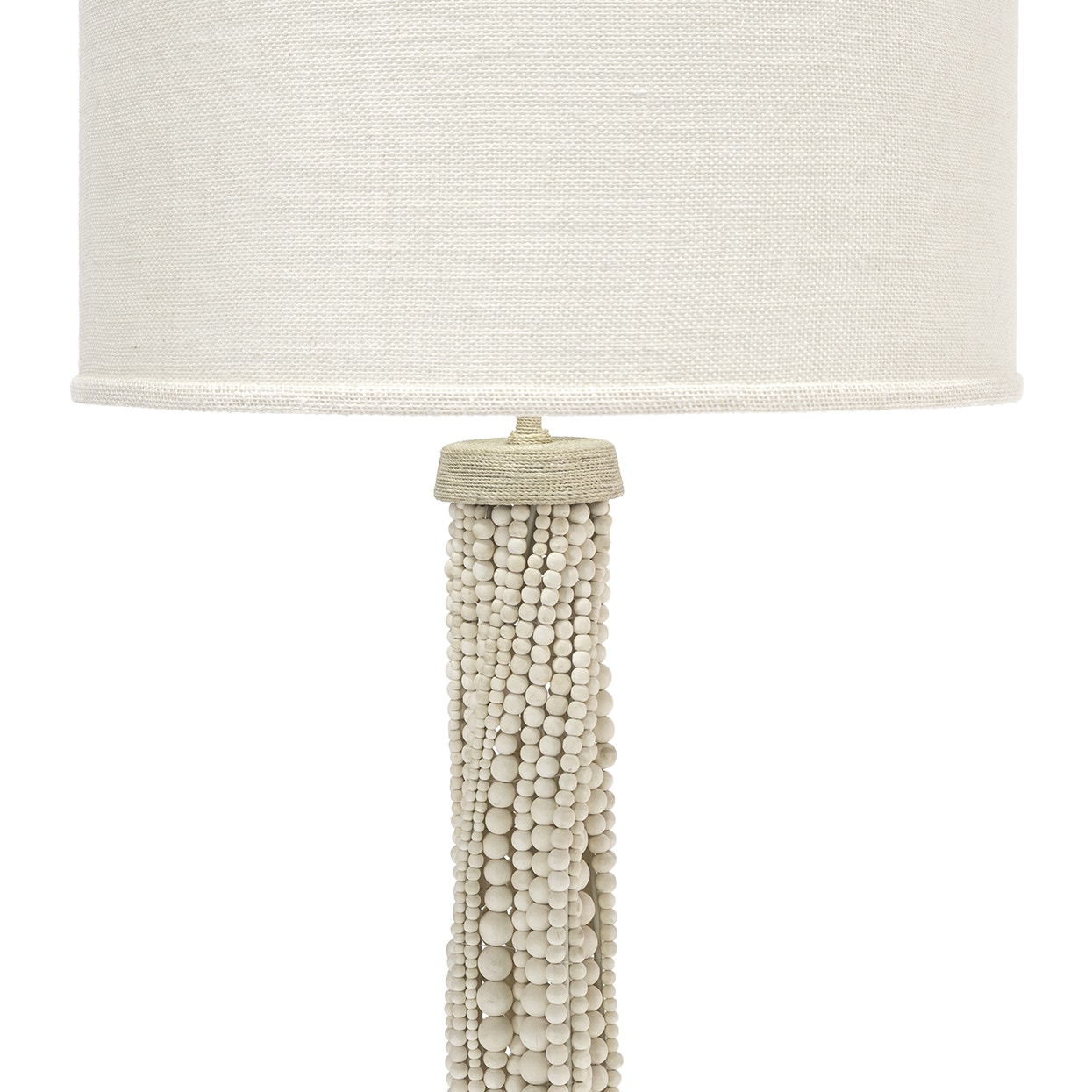 Cream finish wood beads hand-sewn together over a metal frame with ...