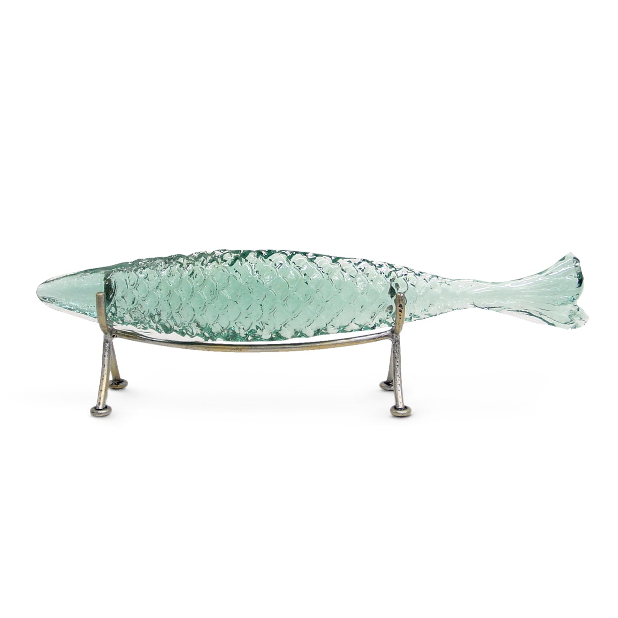 Hand-cast recycled glass fish sits loose on a wrought iron silver ...
