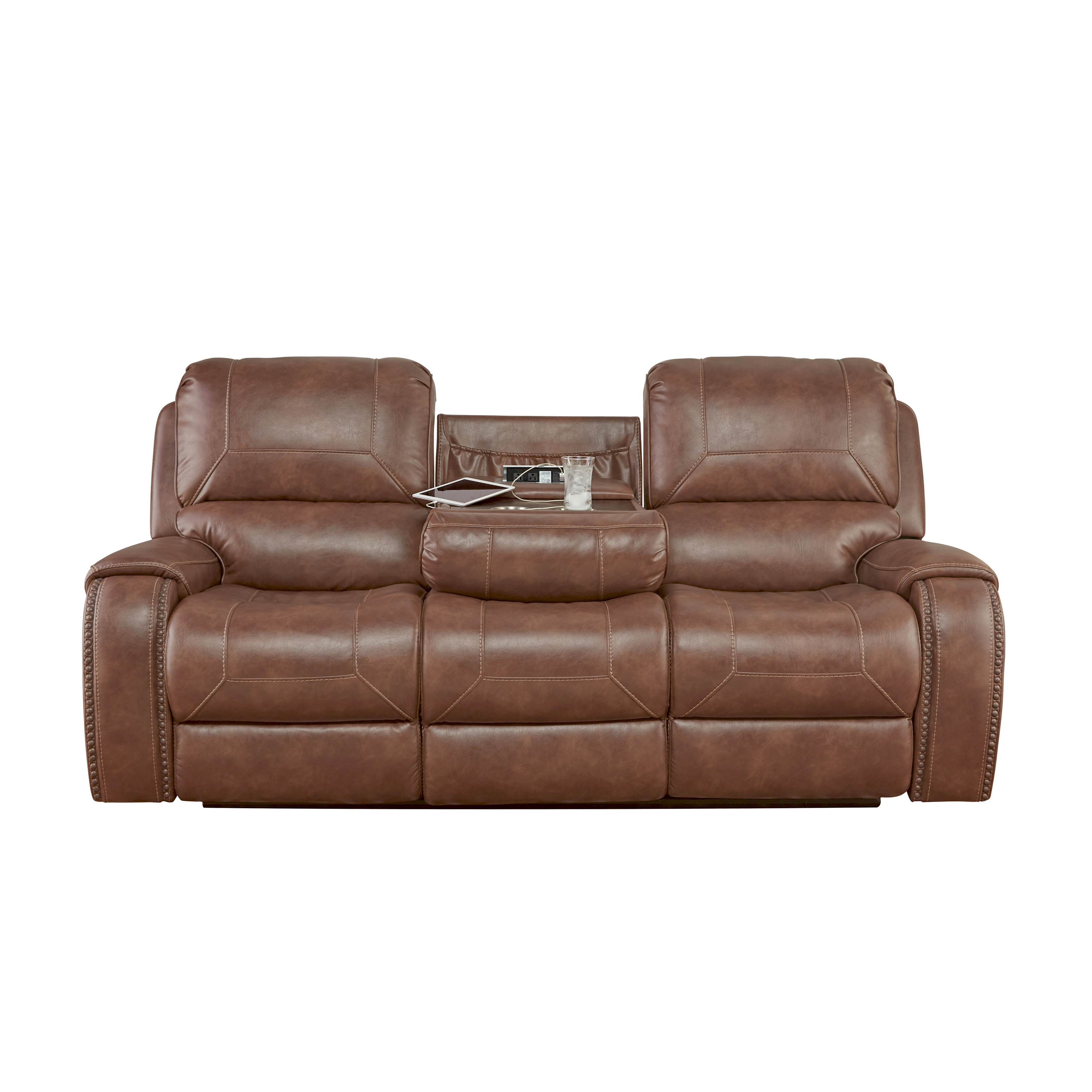 PRI Living Room Dual Recliner Sofa with Dropdown Charging Console in Mesquite Brown A498 401 654