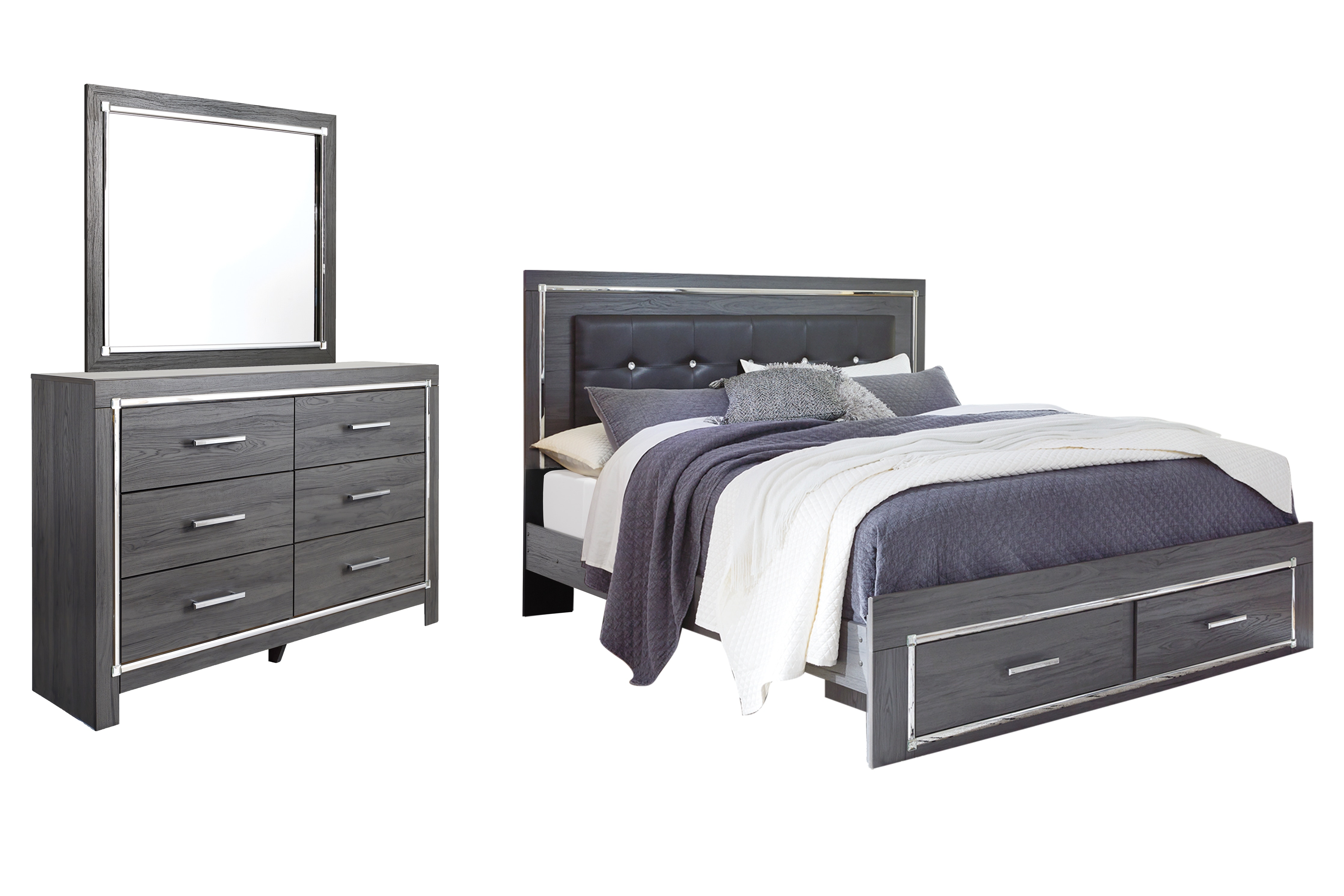 Ashley Lodanna Lodanna King Upholstered Storage Bed, Dresser and Mirror ...