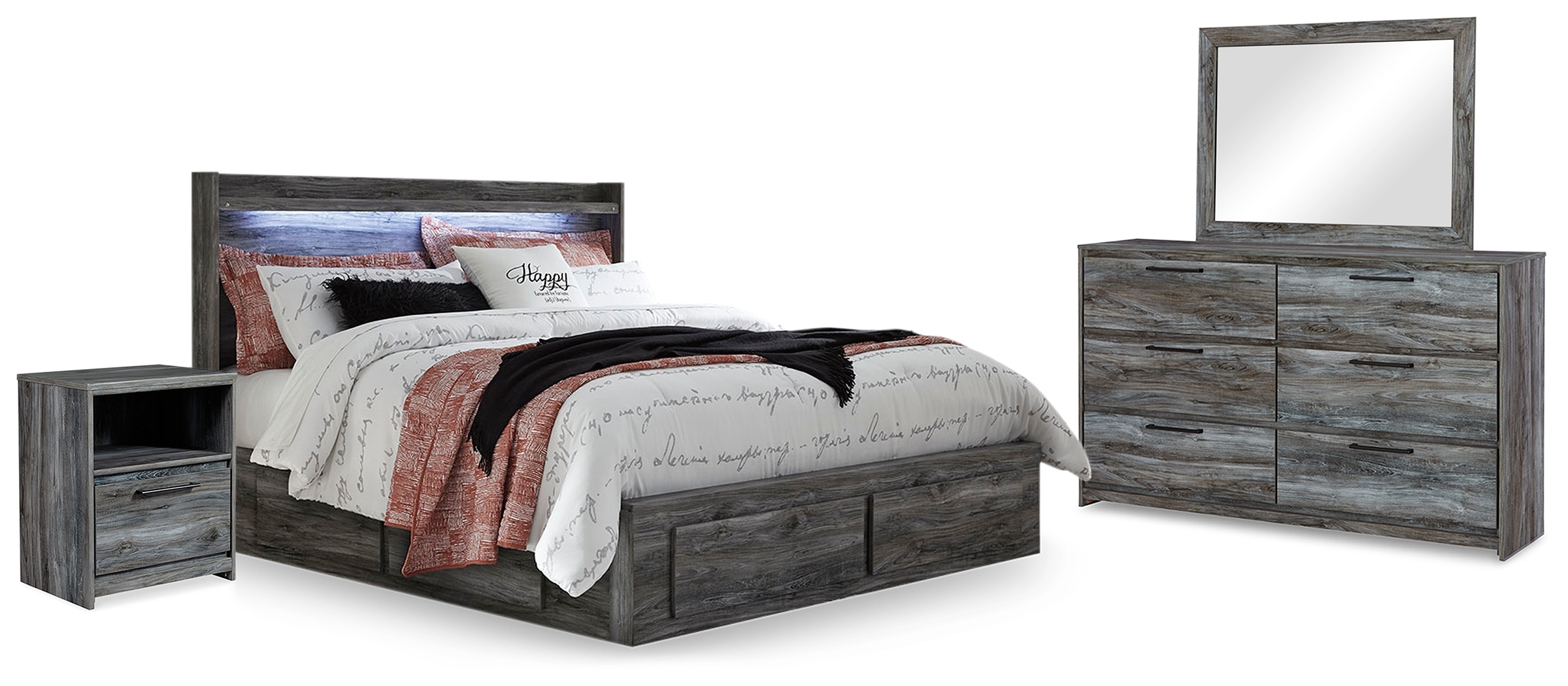 Baystorm King Panel Bed with Storage Dresser Mirror and 2 Nightstands