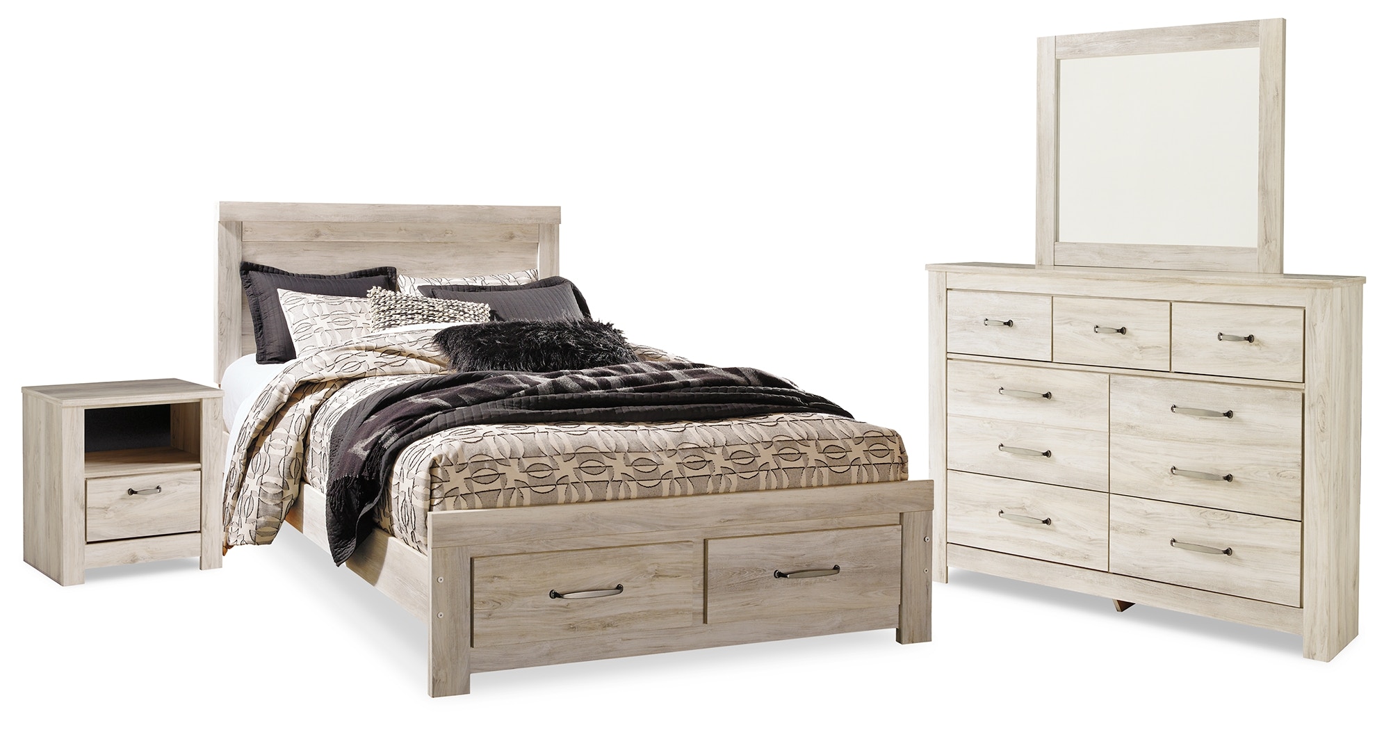 Signature Design by Ashley Bedroom Bellaby Queen Panel Storage Bed Dresser Mirror and Nightstand