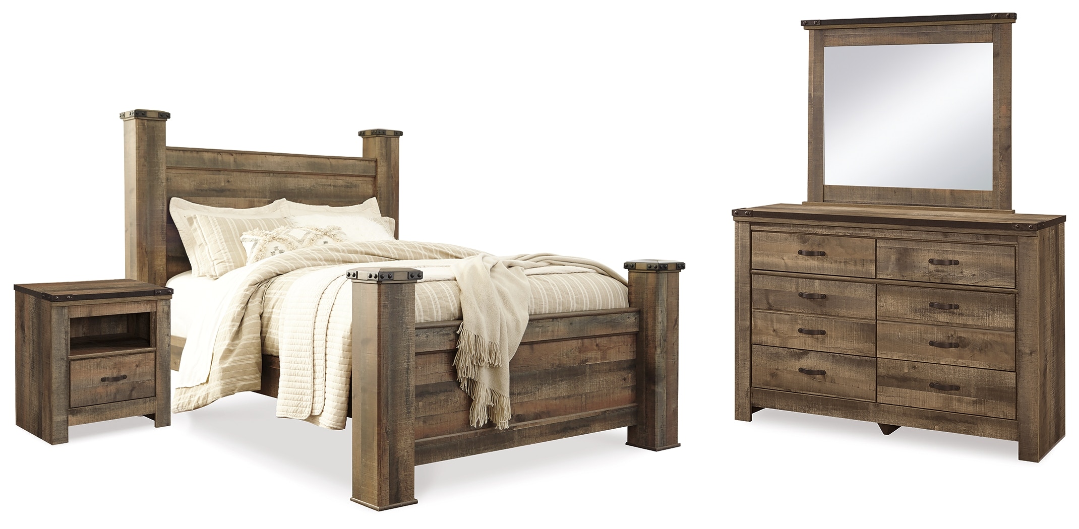 Signature Design by Ashley Bedroom Trinell Queen Poster Bed Dresser Mirror and Nightstand Skaff