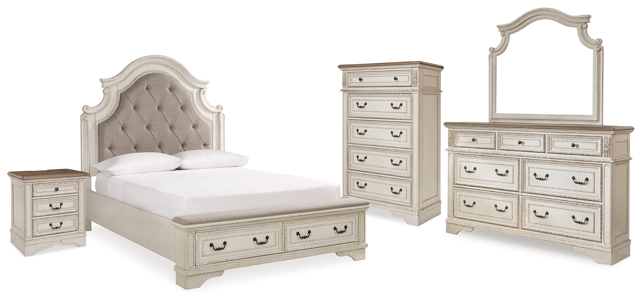 Realyn Queen Upholstered Bed Dresser Mirror Chest and Nightstand