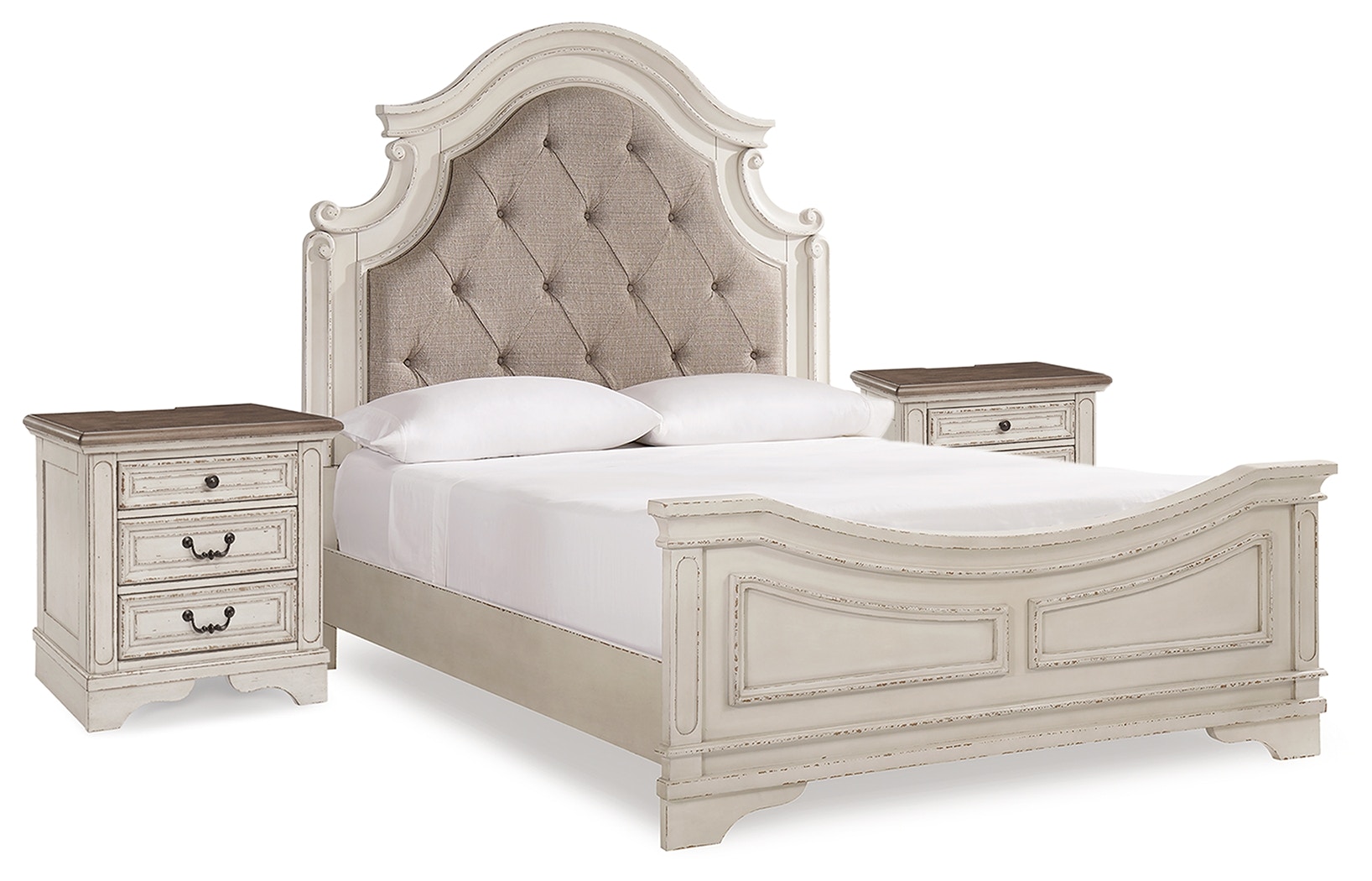 Signature Design by Ashley Bedroom Realyn Queen Upholstered Panel Bed and 2 Nightstands B743B55