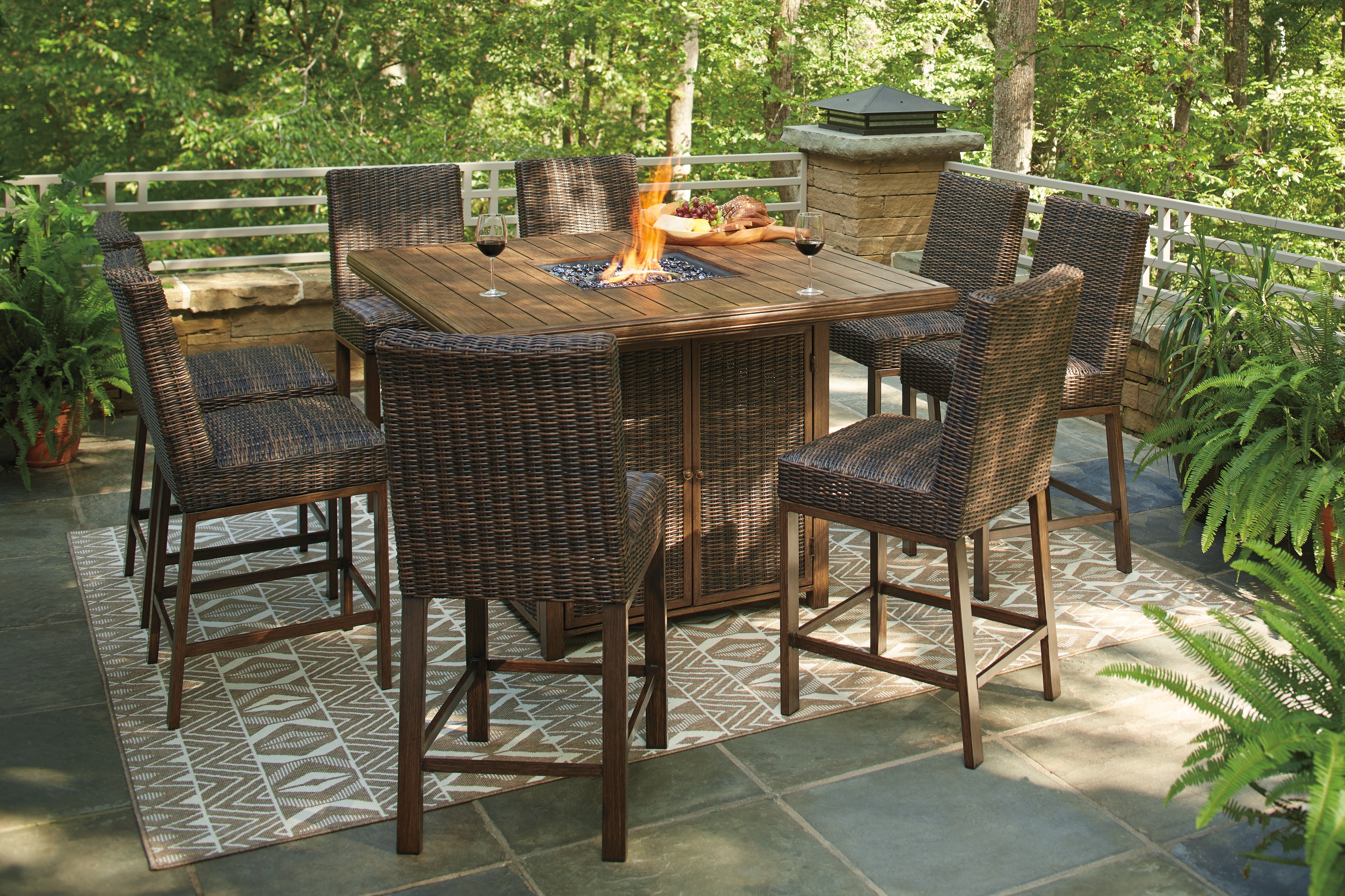 Outdoor bar height table and chairs with fire pit store