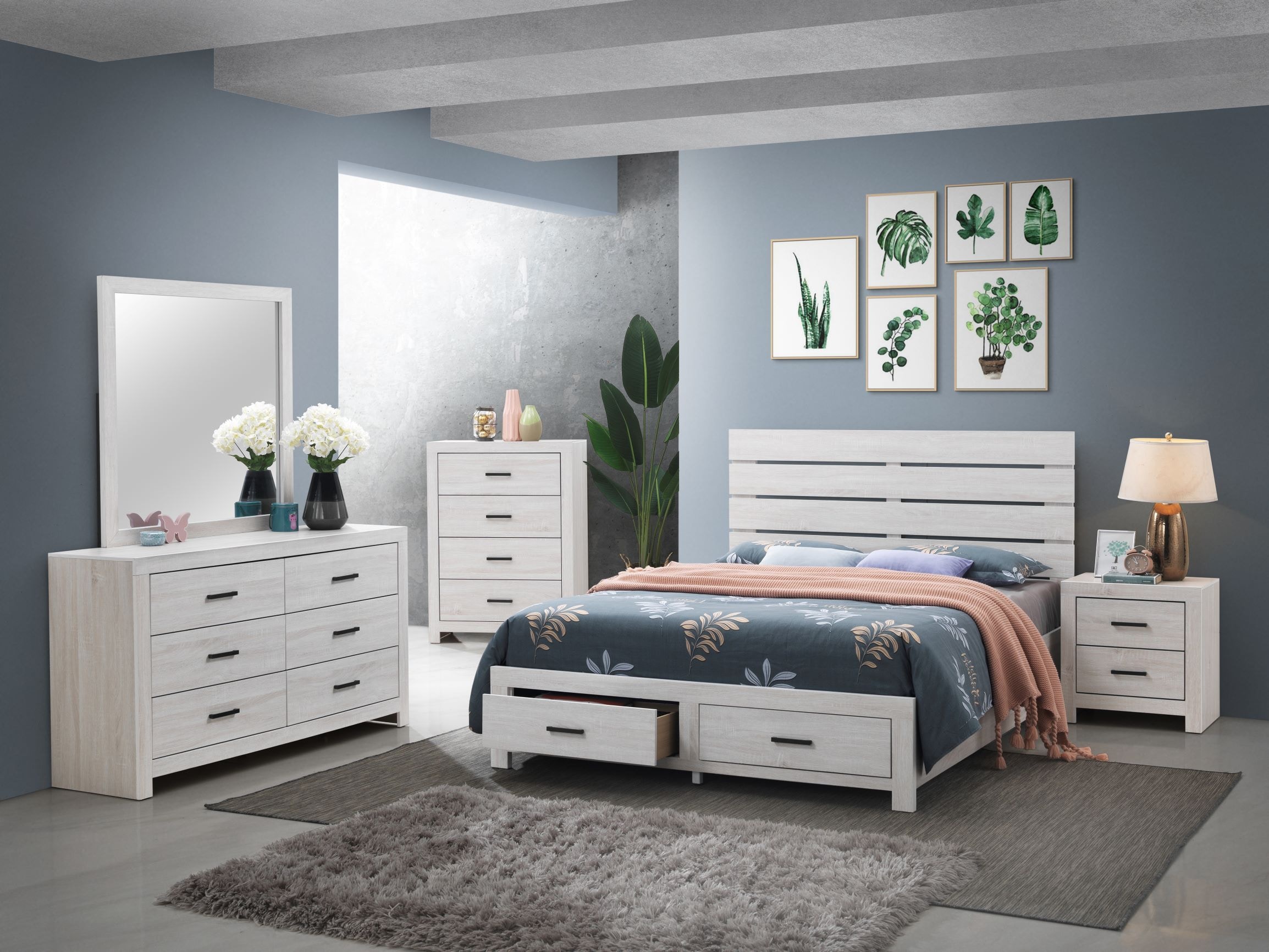 Coaster Bedroom Brantford Wood Queen Storage Panel Bed Coastal White 207050Q Furniture Plus Inc