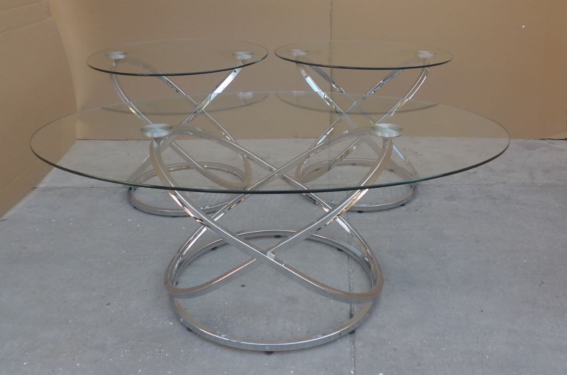 Warren 3 piece Oval Glass Top Coffee Table Set Chrome