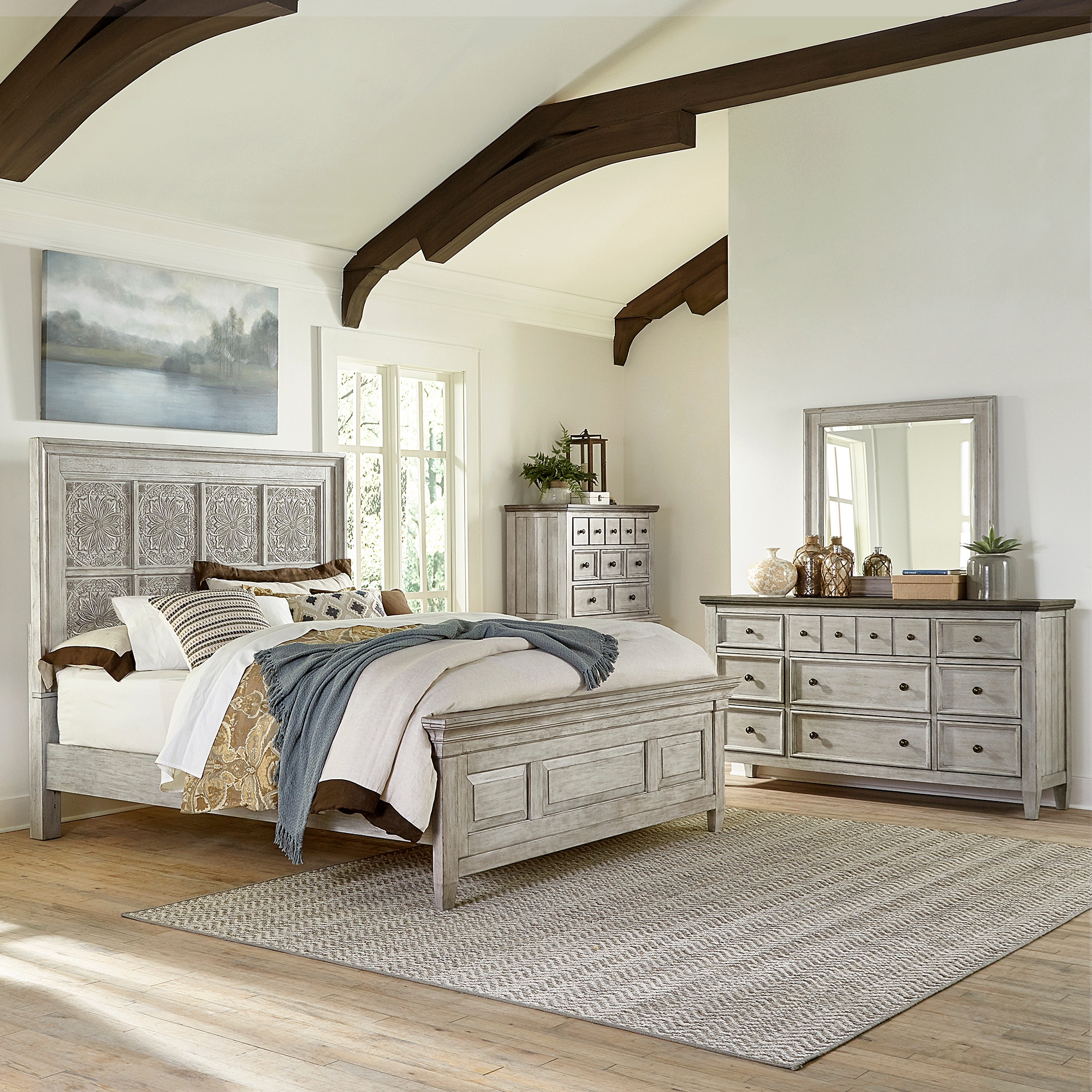 King Opt Panel Bed Dresser and Mirror Chest