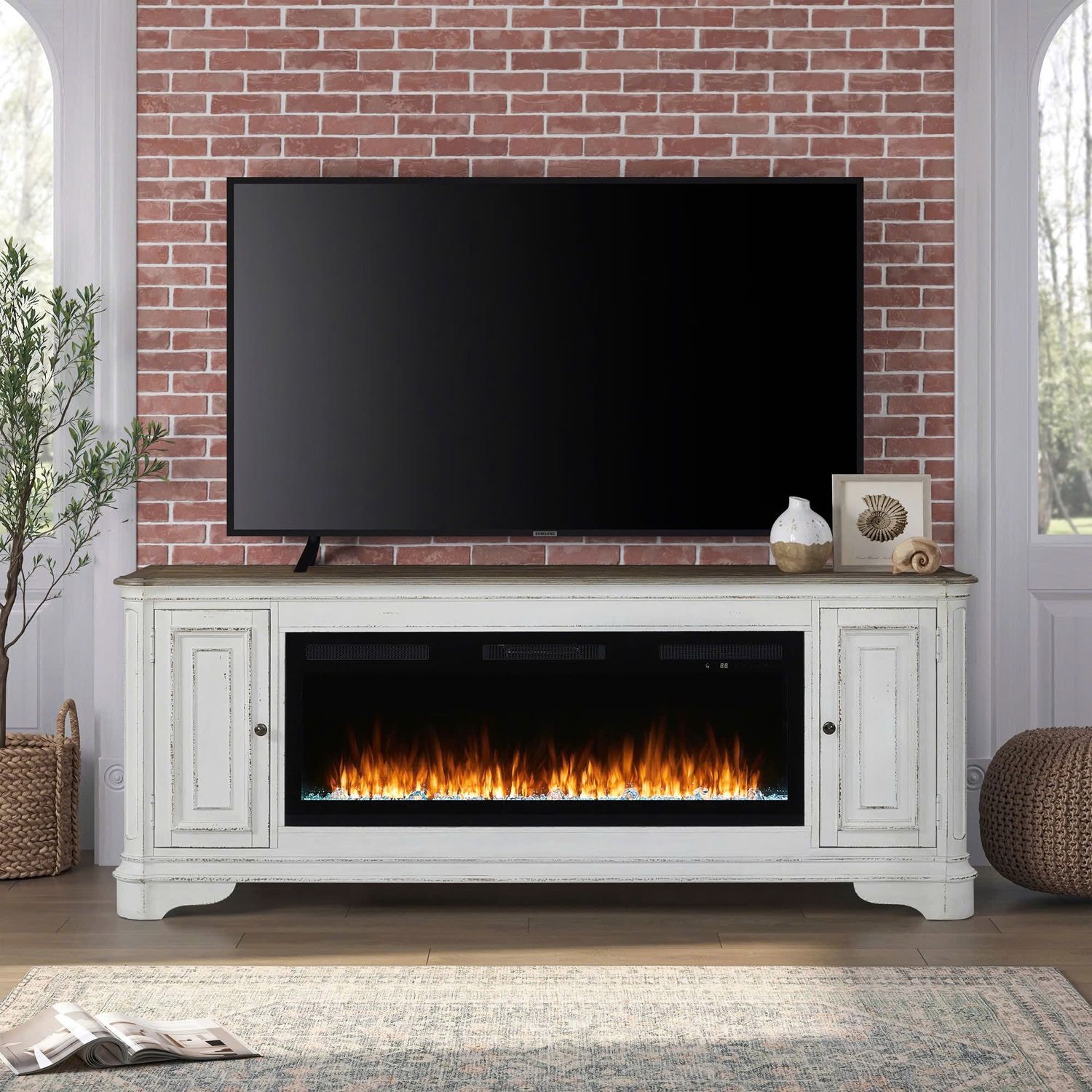 Liberty Furniture Living Room 244 82 Inch Console with Fire FT FIRE-BOX ...