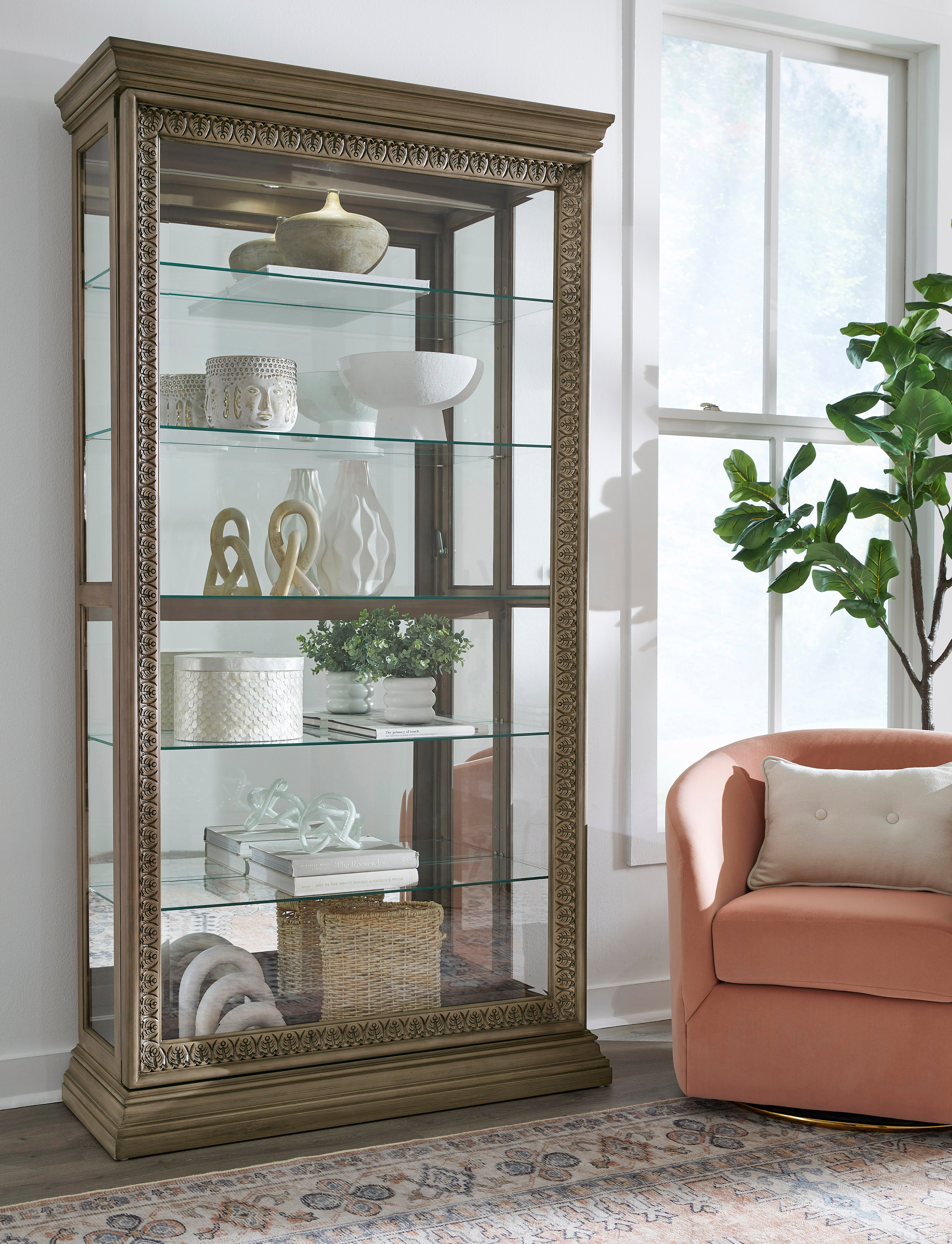 PFC Living Room Sliding Door Curio with Glass Shelves P021784 | Hickory ...