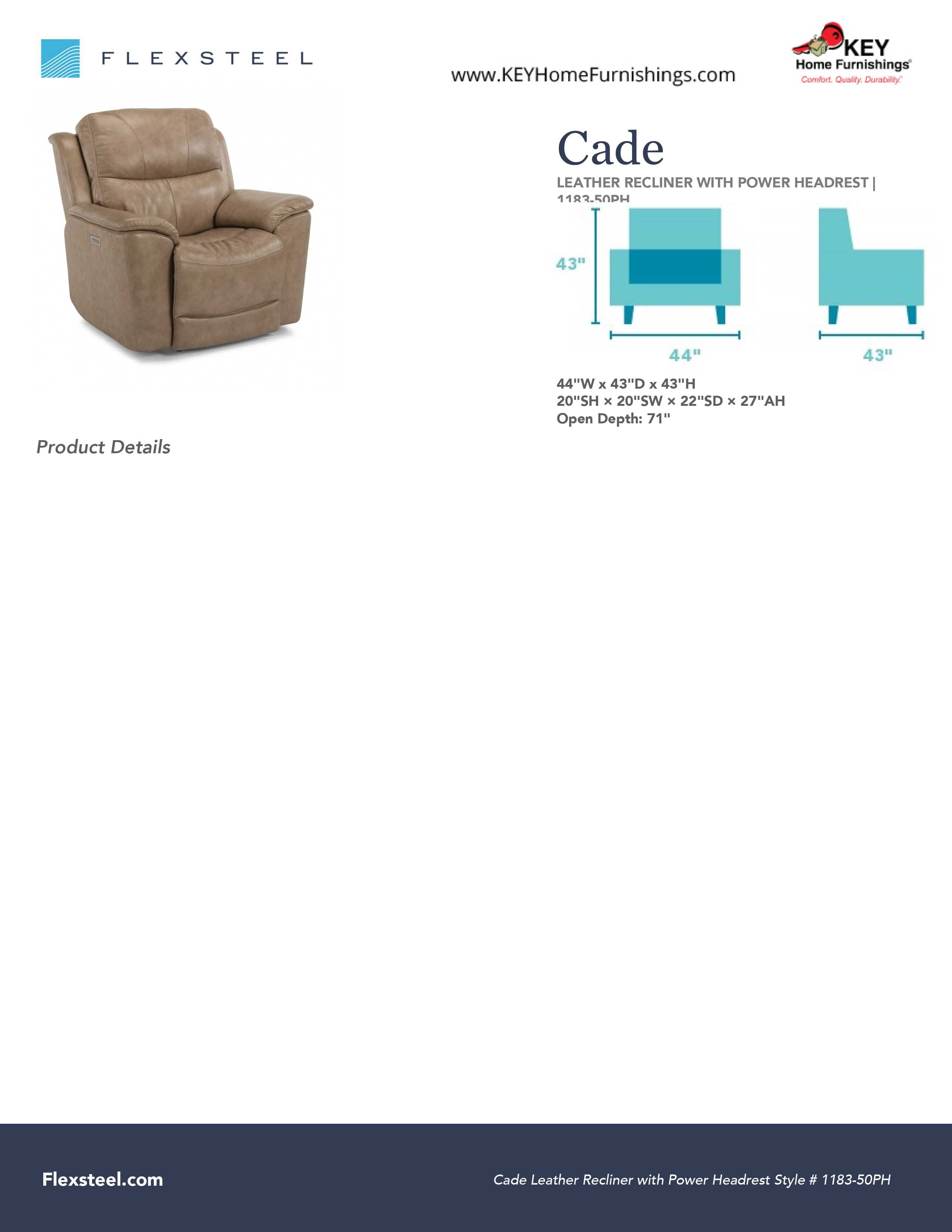 Flexsteel Cade Power Recliner with Power Headrest and Lumbar 1183-50PH ...