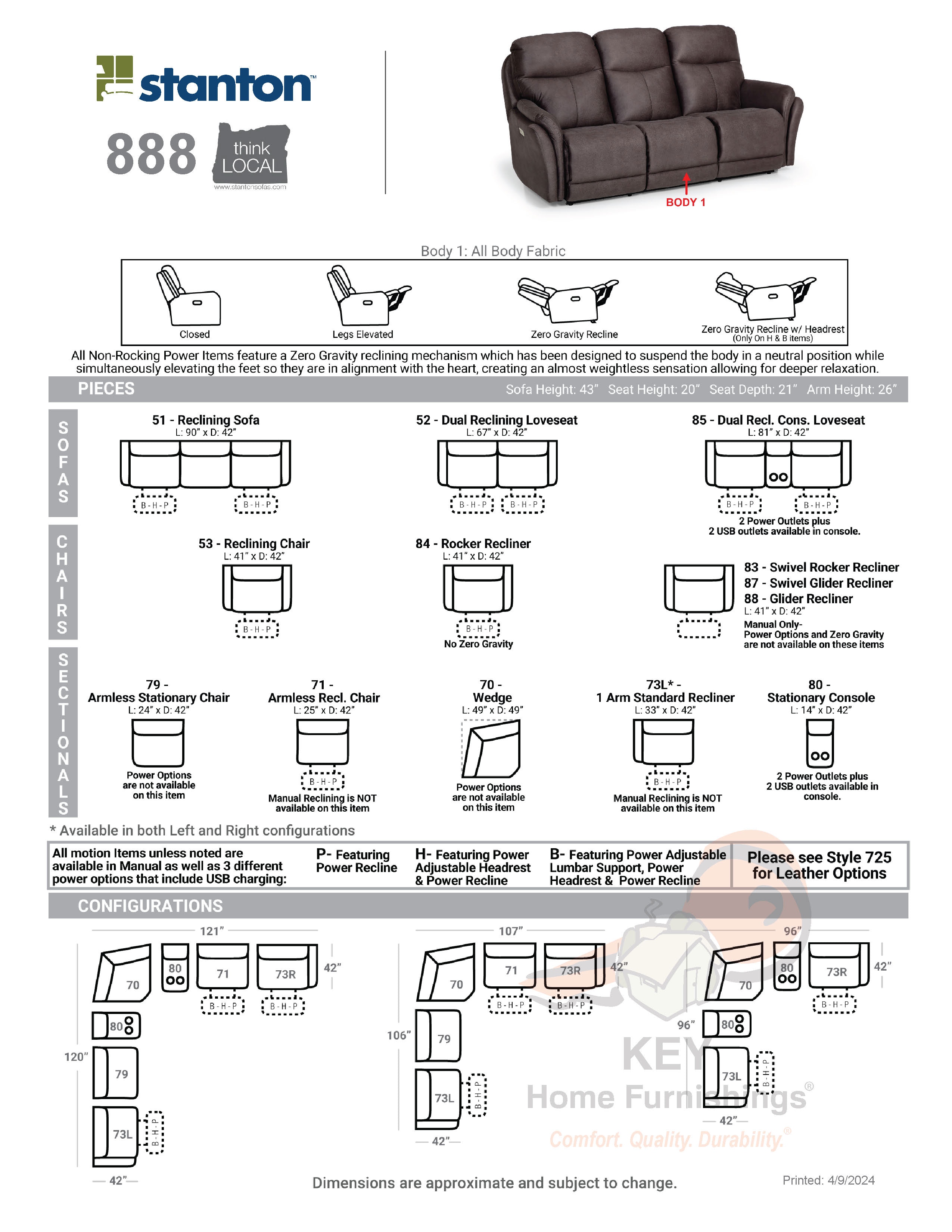 Stanton Furniture Power Headrest & Lumbar Reclining Sofa 88851B ...