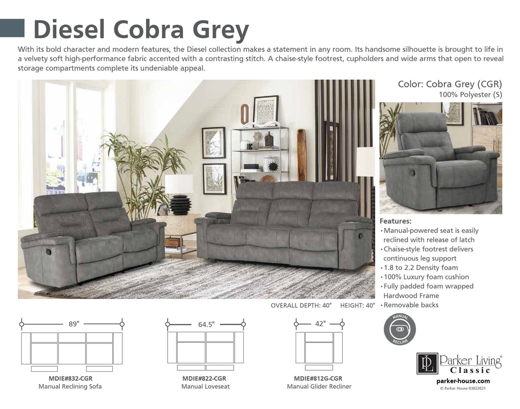Parker House Diesel Cobra Grey Manual Reclining Collection MDIE