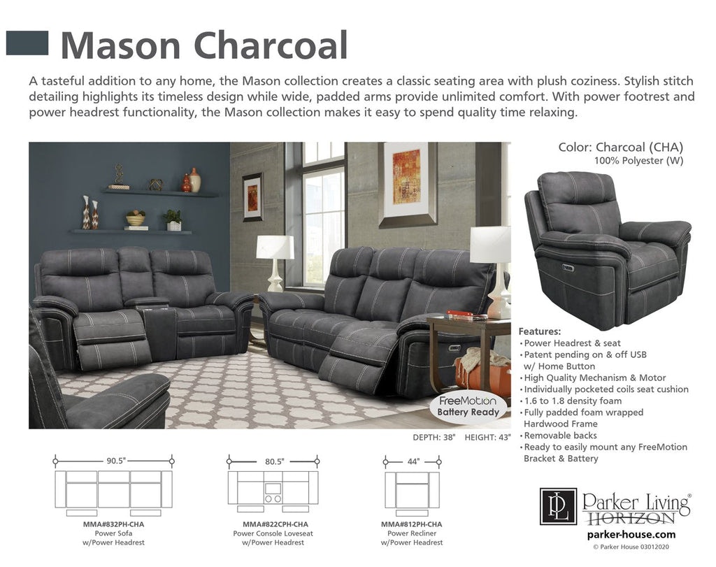 Parker House Mason Charcoal Power Sofa MMA-832PH-CHA - Portland, OR ...