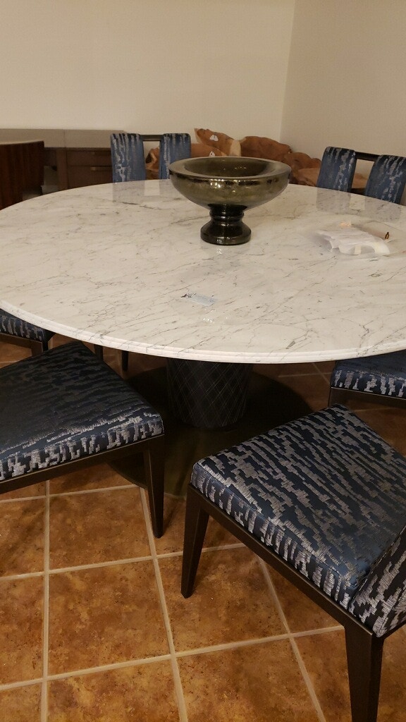 Lion's Den Interiors Casual Dining Leather Base Dining Table by Keno Brothers Solid Marble