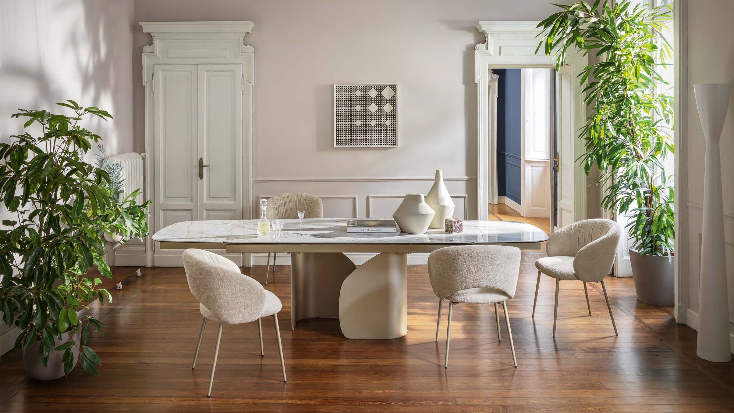 Calligaris Casual Dining Twins Boat Shape Table with 2 Leaves Calacatta Paonazzo Porcelain Top with Matte Pearl Beige Metal Legs Twins CS 4153 s 200 Grossman Furniture Philadelphia PA