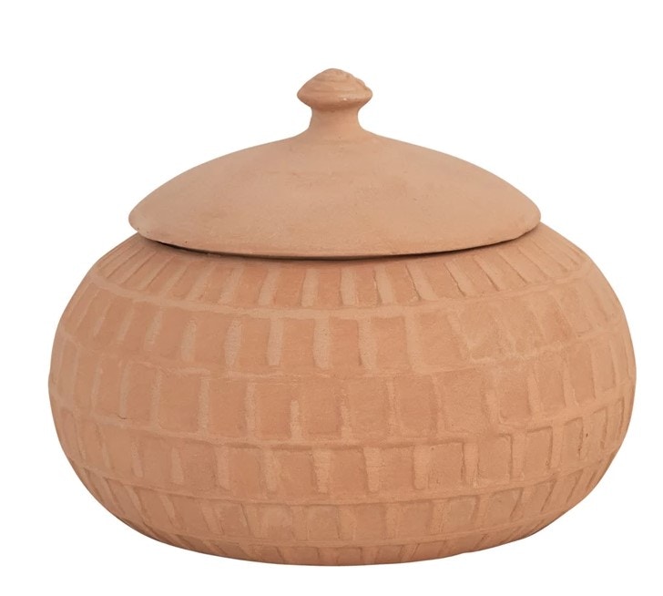 Carved Handmade Terra Cotta Jar w/ lid